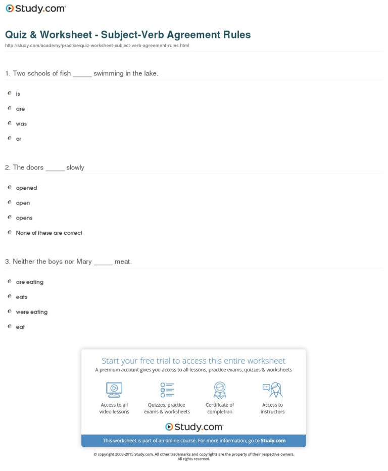 Quiz Worksheet Subjectverb Agreement Rules Study — db-excel.com