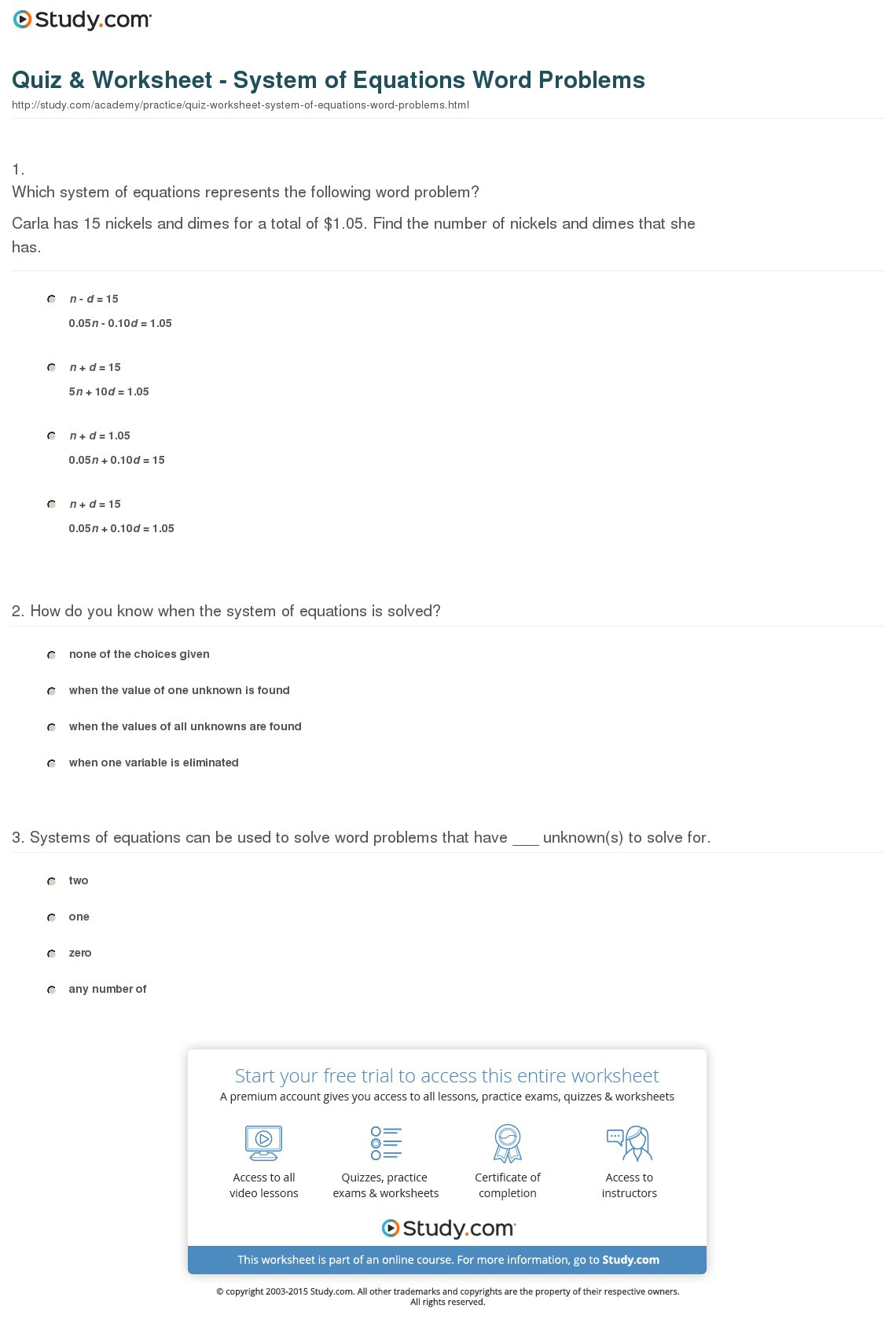 Quiz Worksheet System Of Equations Word Problems Study Db excel Quiz Worksheet System Of Equations Word Problems Study Db excel