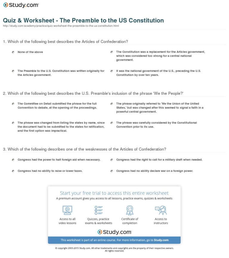 Quiz Worksheet The Preamble To The Us Constitution — db-excel.com