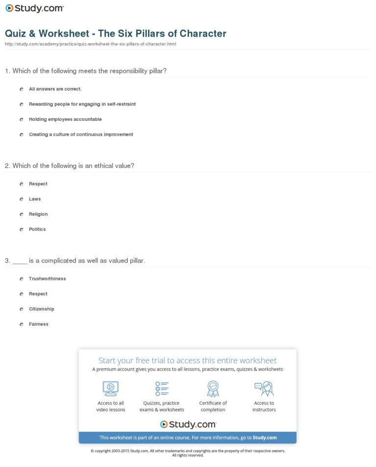 Quiz Worksheet The Six Pillars Of Character Study — db-excel.com
