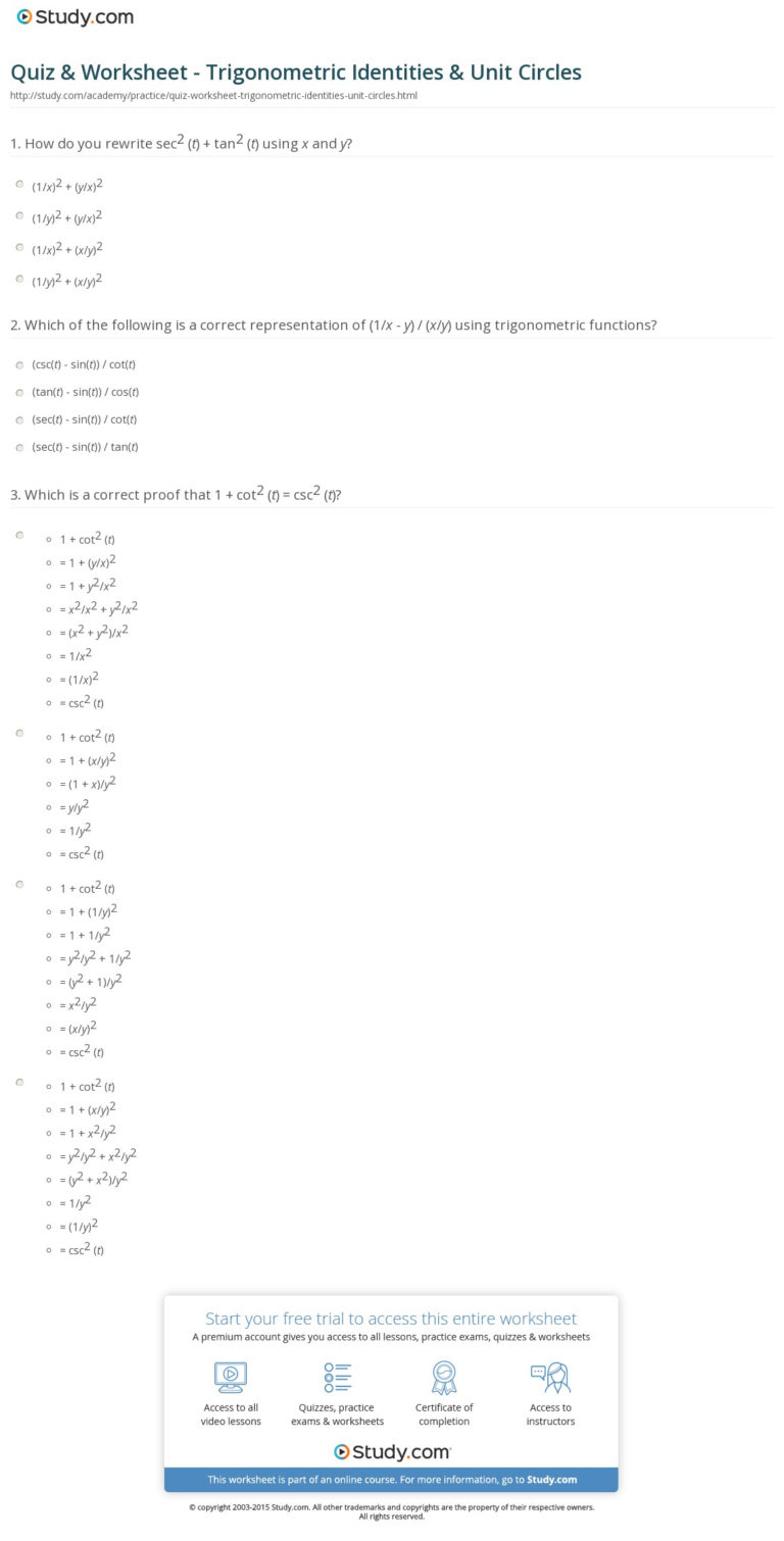 Quiz Worksheet Trigonometric Identities Unit Circles Study — db-excel.com