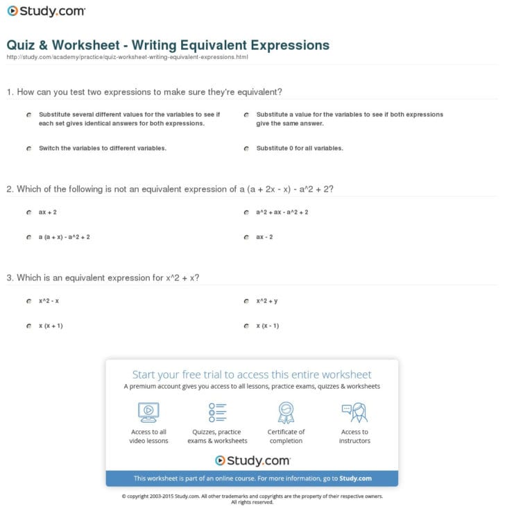 Quiz Worksheet Writing Equivalent Expressions Study — db-excel.com
