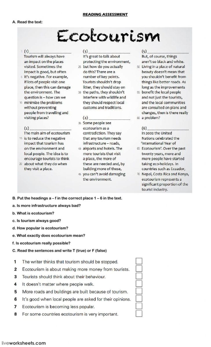 Reading Comprehension Ecotourism Interactive Worksheet — db-excel.com