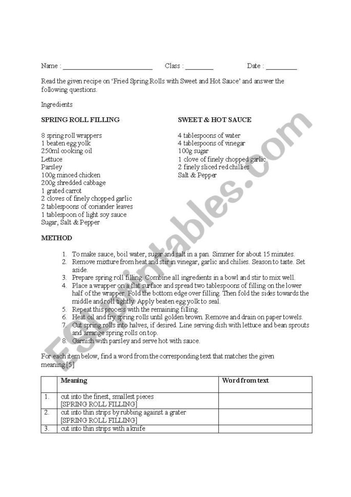 Reading A Recipe Worksheet — db-excel.com