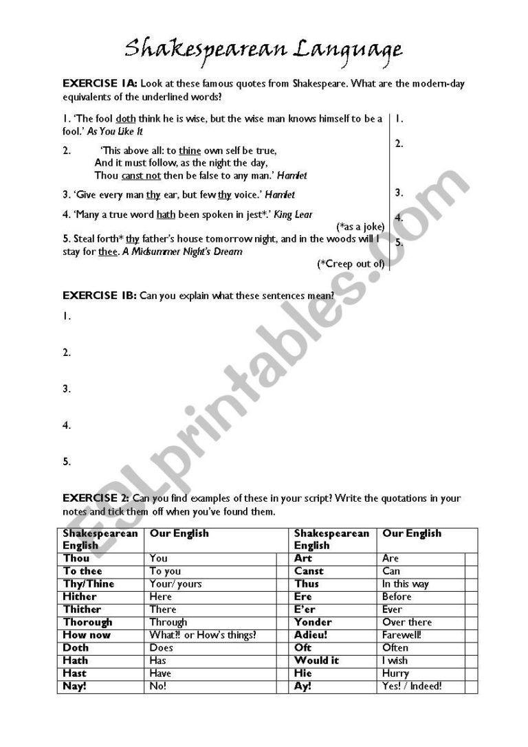 Shakespearean Language Esl Worksheetstafkban — db-excel.com