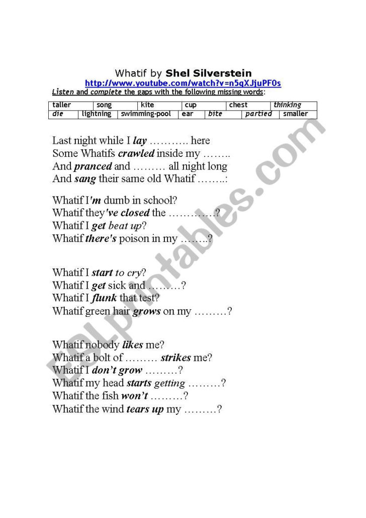 Shel Silverstein Poem Whatif Blank Filling And Answers Esl — db-excel.com