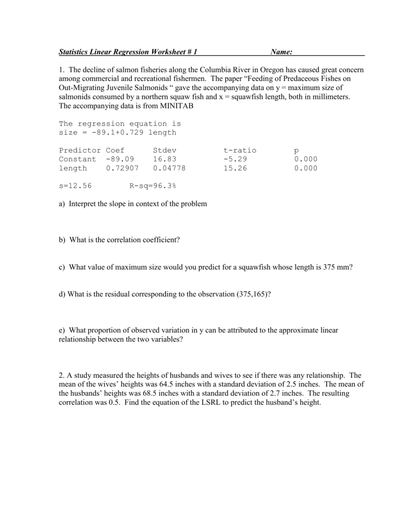 Statistics Linear Regression Worksheet Db excel Statistics Linear Regression Worksheet Db excel