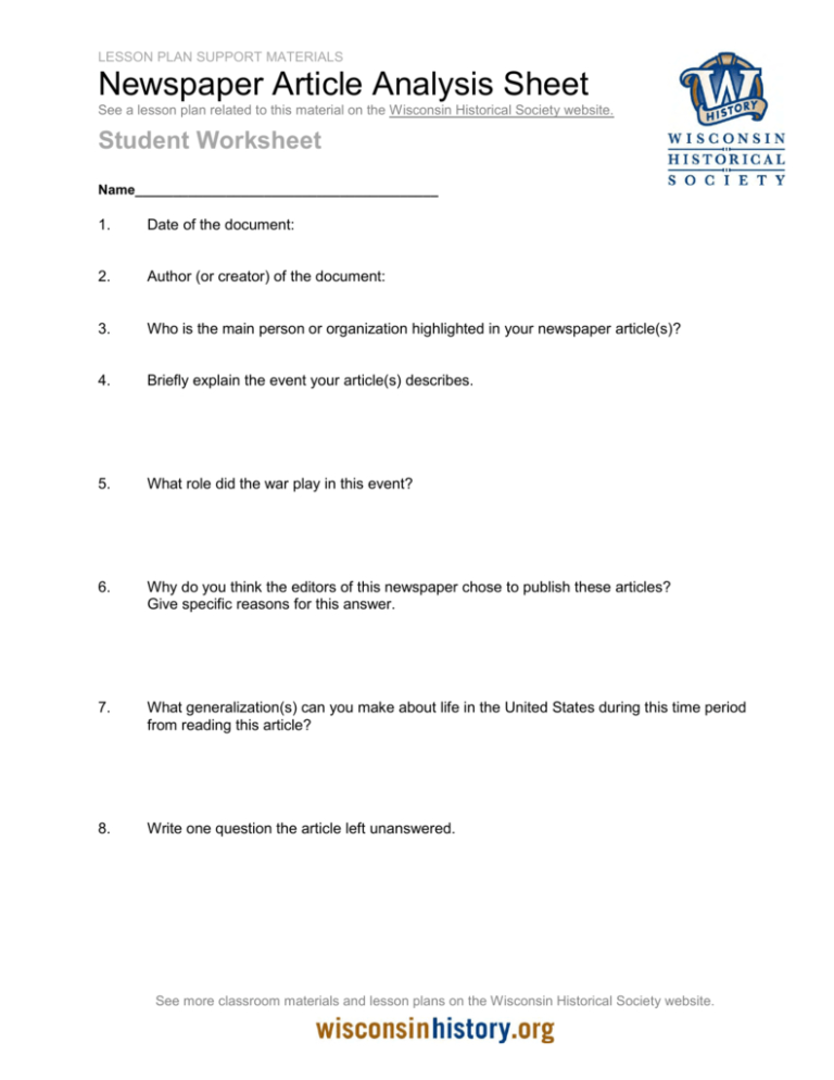 Student Worksheet Newspaper Article Analysis Sheet — db-excel.com