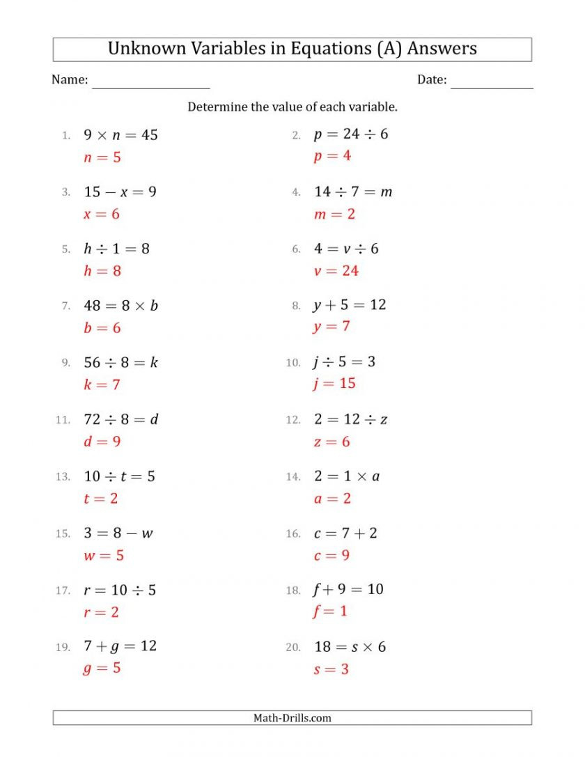 Math Simple Variables Worksheet