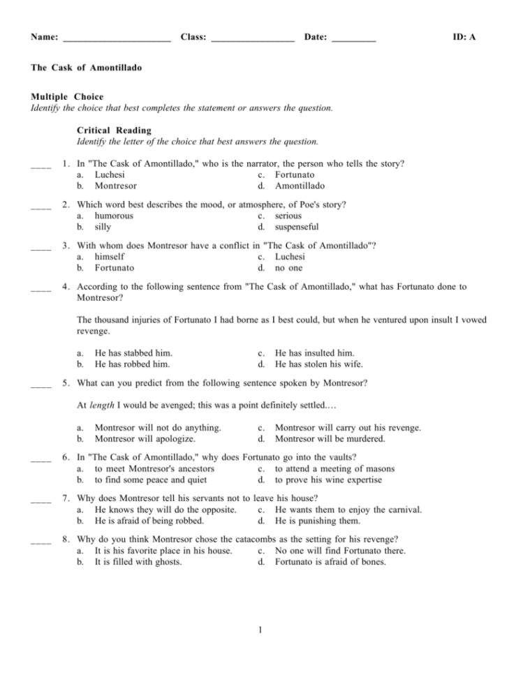 The Cask Of Amontillado Vocabulary Worksheet Answers — db-excel.com