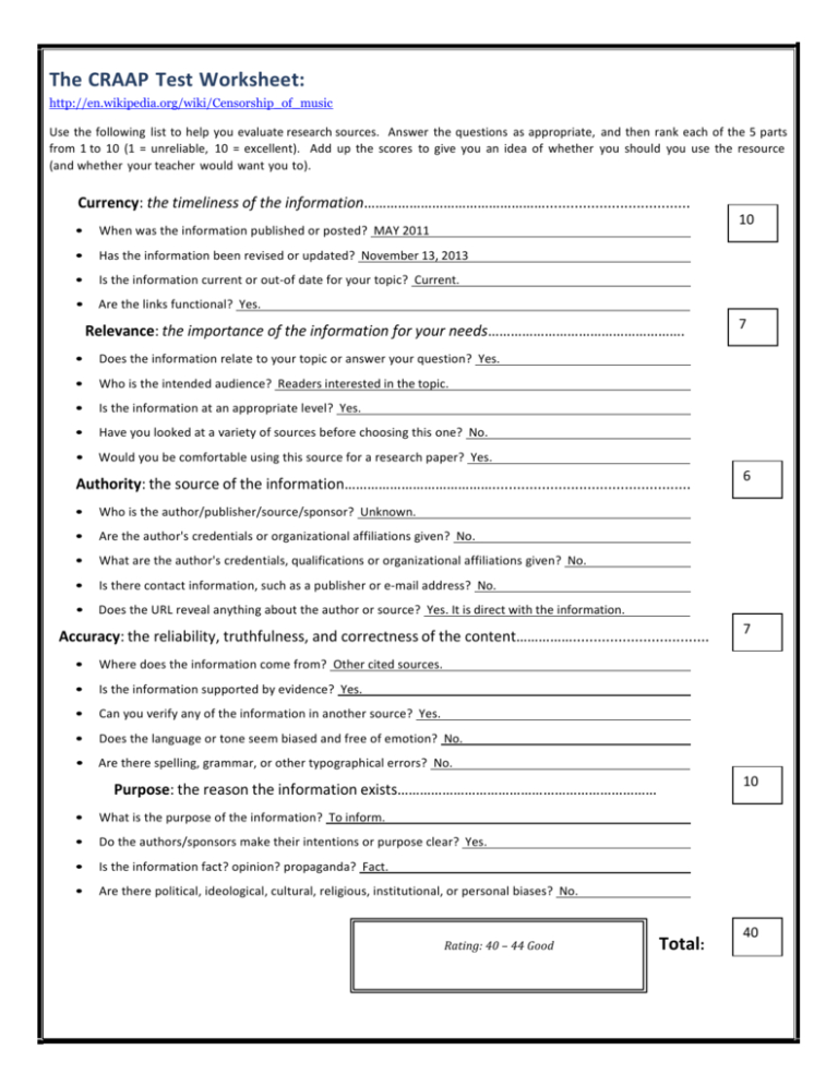 The Craap Test Worksheet — db-excel.com