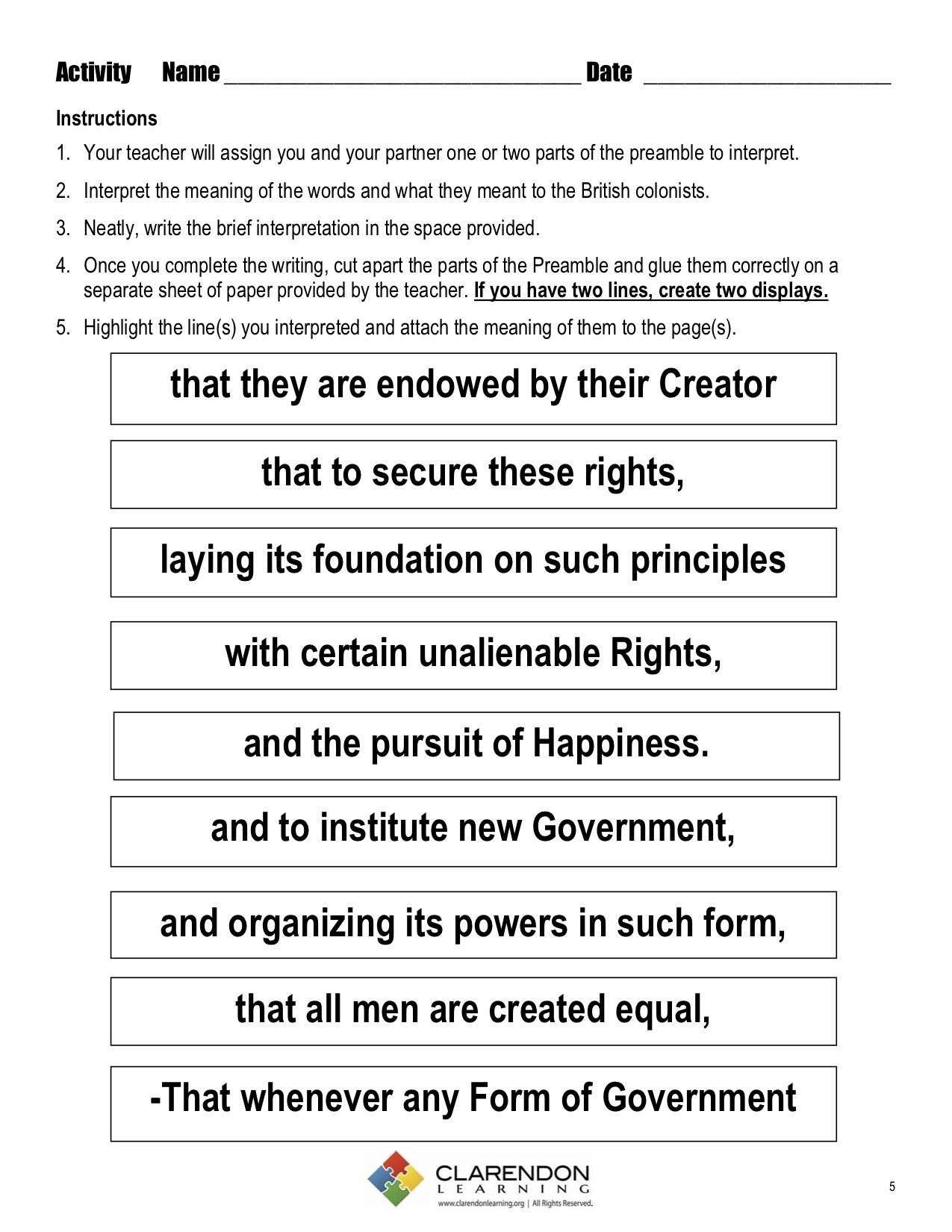 Declaration Of Independence Free Printable Worksheets Printable Word