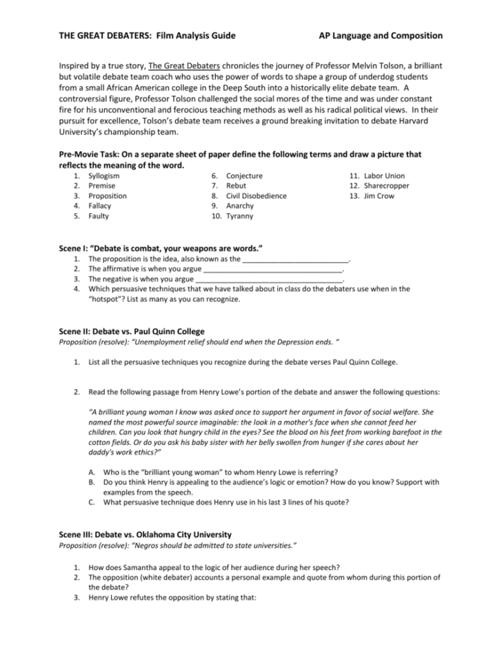 The Great Debaters Movie Worksheet Answers | db-excel.com