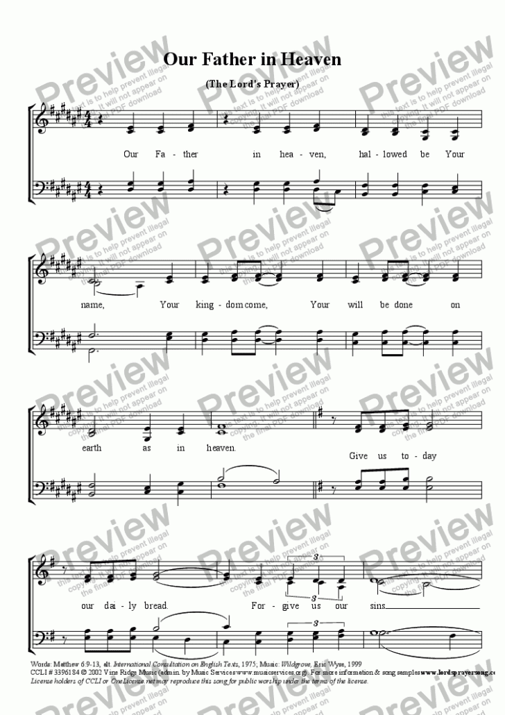 The Lord’S Prayer Our Father In Heaven For Choireric Wyse Sheet Music ...