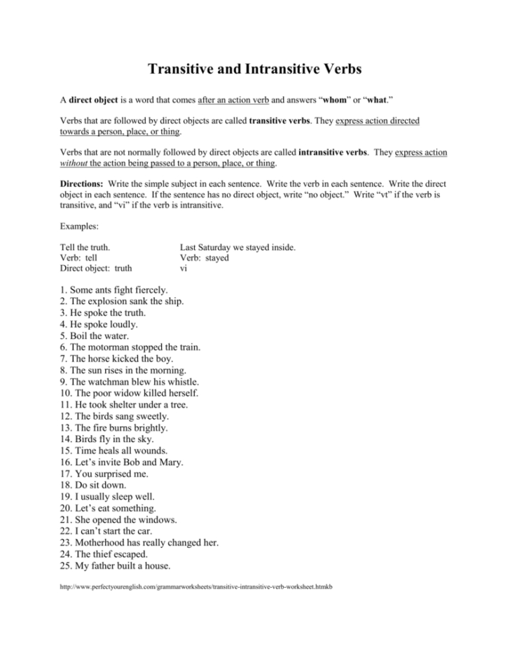 Transitive And Intransitive Verbs Worksheets — db-excel.com