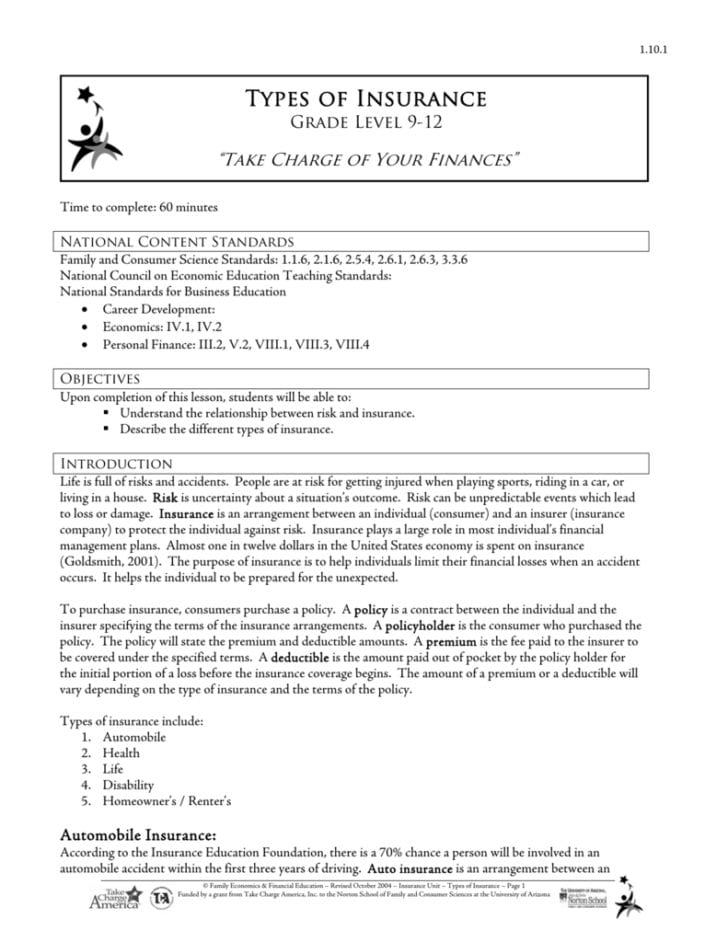 Auto Insurance Worksheet For Students — db-excel.com