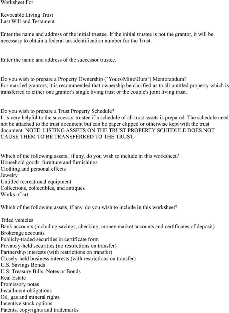 Living Trust Worksheet — db-excel.com