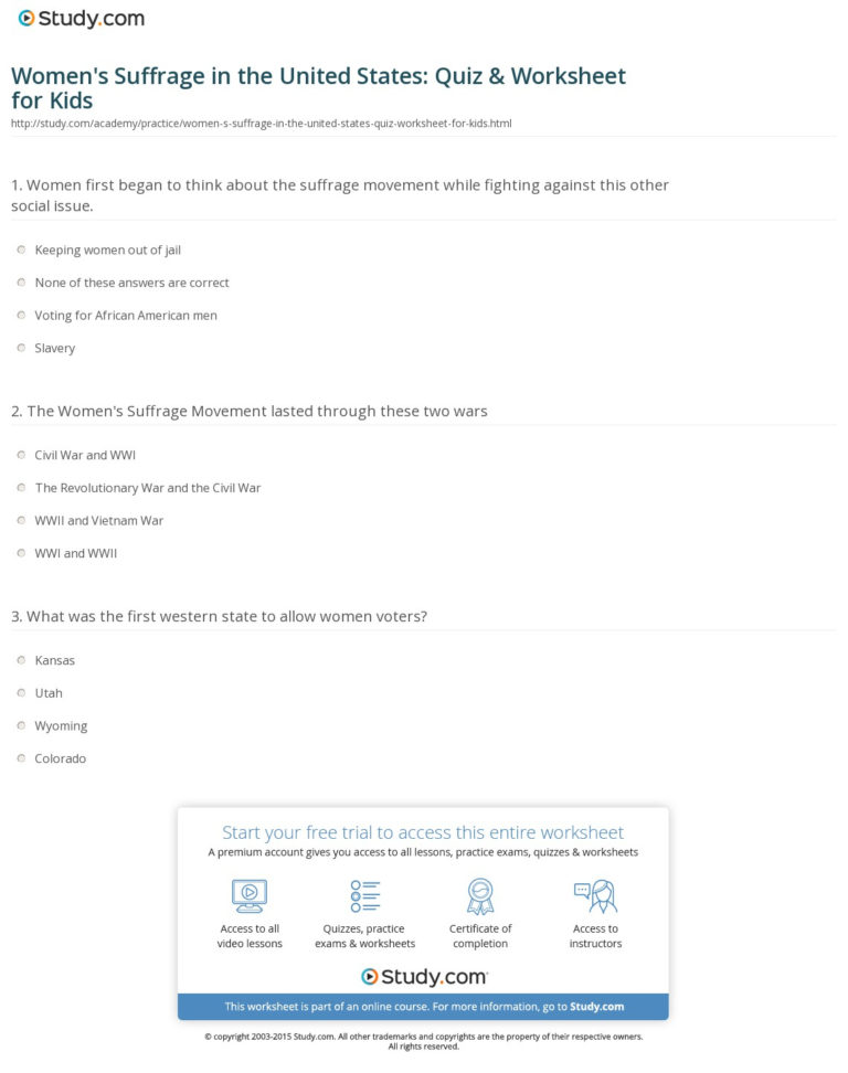 Women's Suffrage In The United States Quiz Worksheet For Kids — db ...