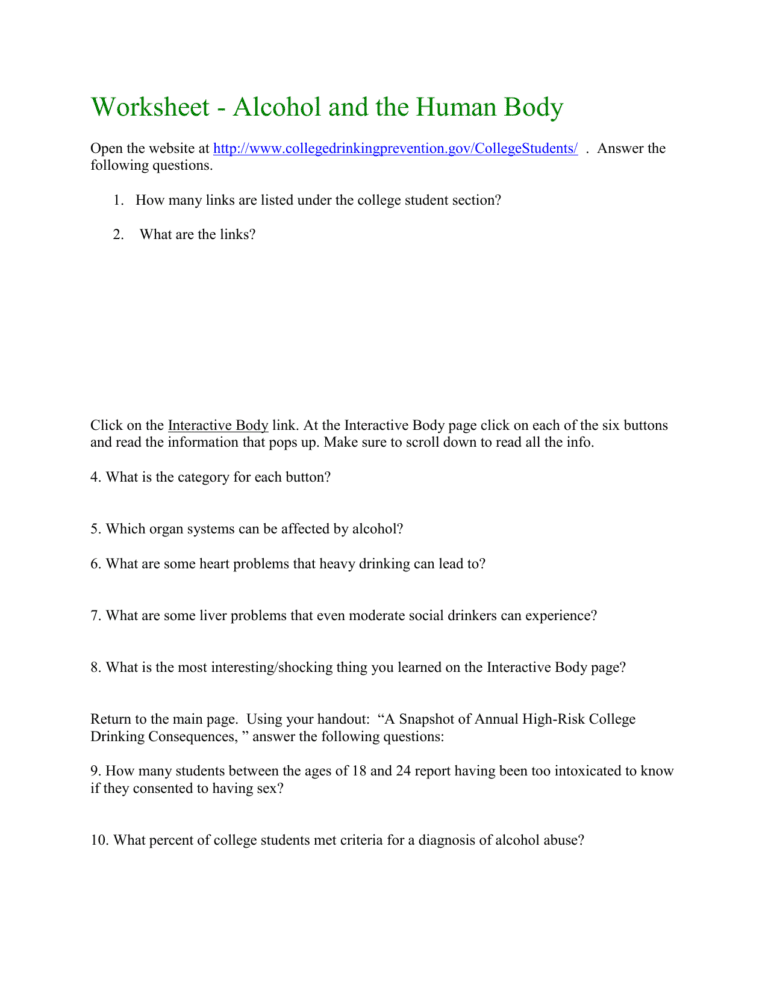 Worksheet Alcohol And The Human Body — db-excel.com