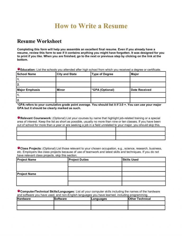 Resume Worksheets For Students — db-excel.com
