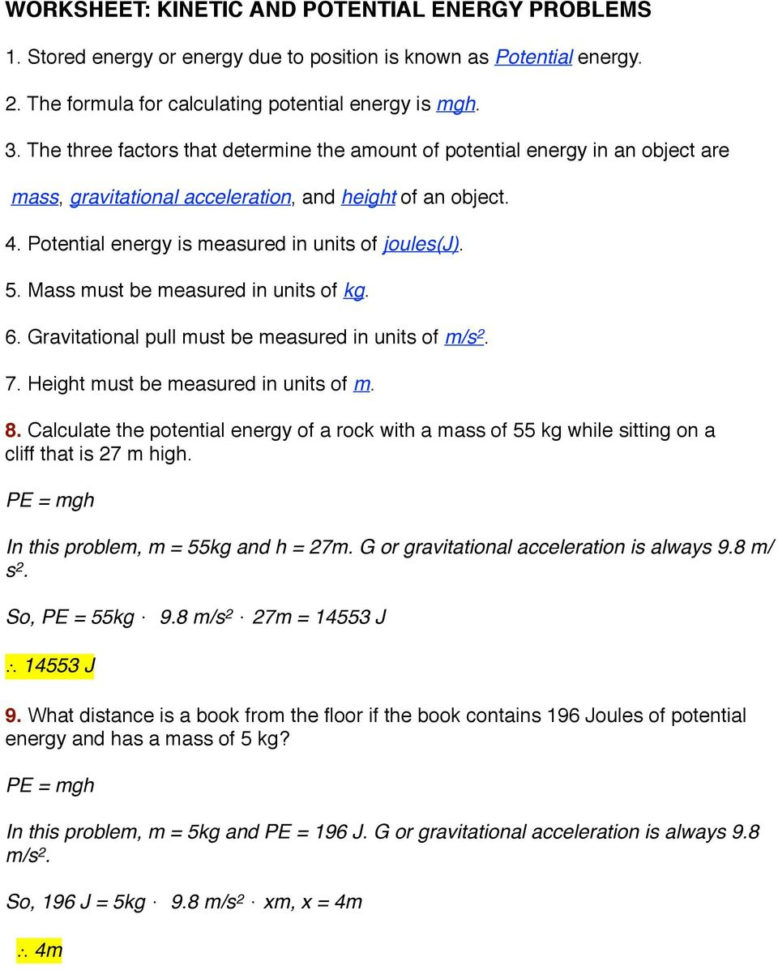 Worksheet Kinetic And Potential Energy Problems Answer Key — db-excel.com