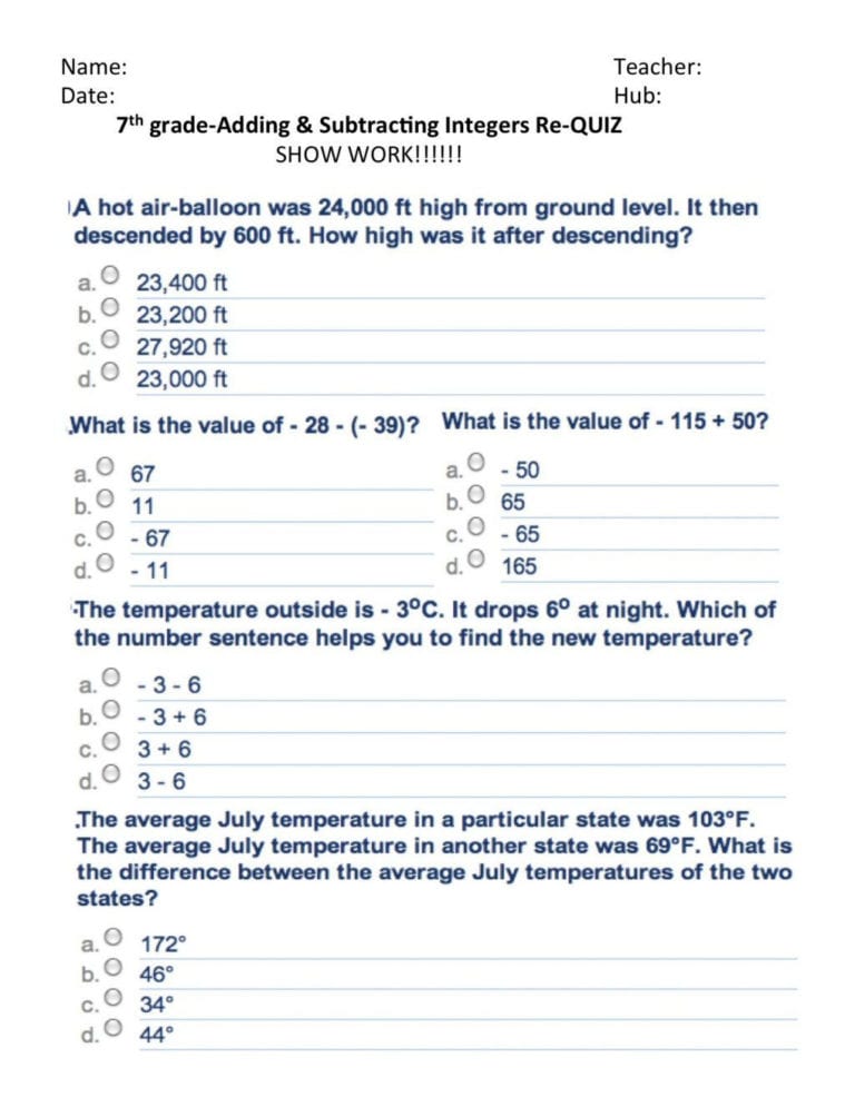 Adding And Subtracting Integers Word Problems Worksheet Db excel